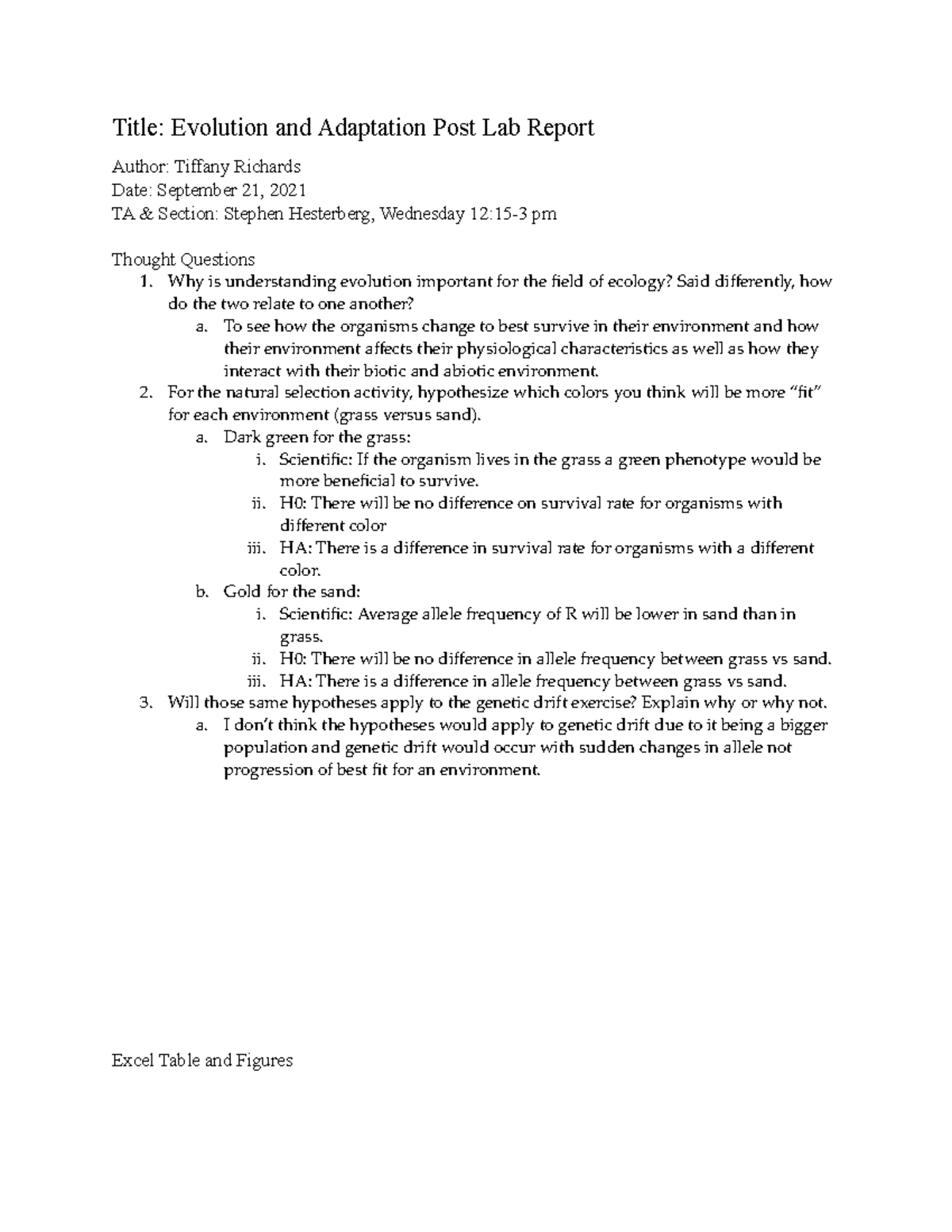 Richards Week #3 Lab Report for Ecology Lab - Title: Evolution and ...