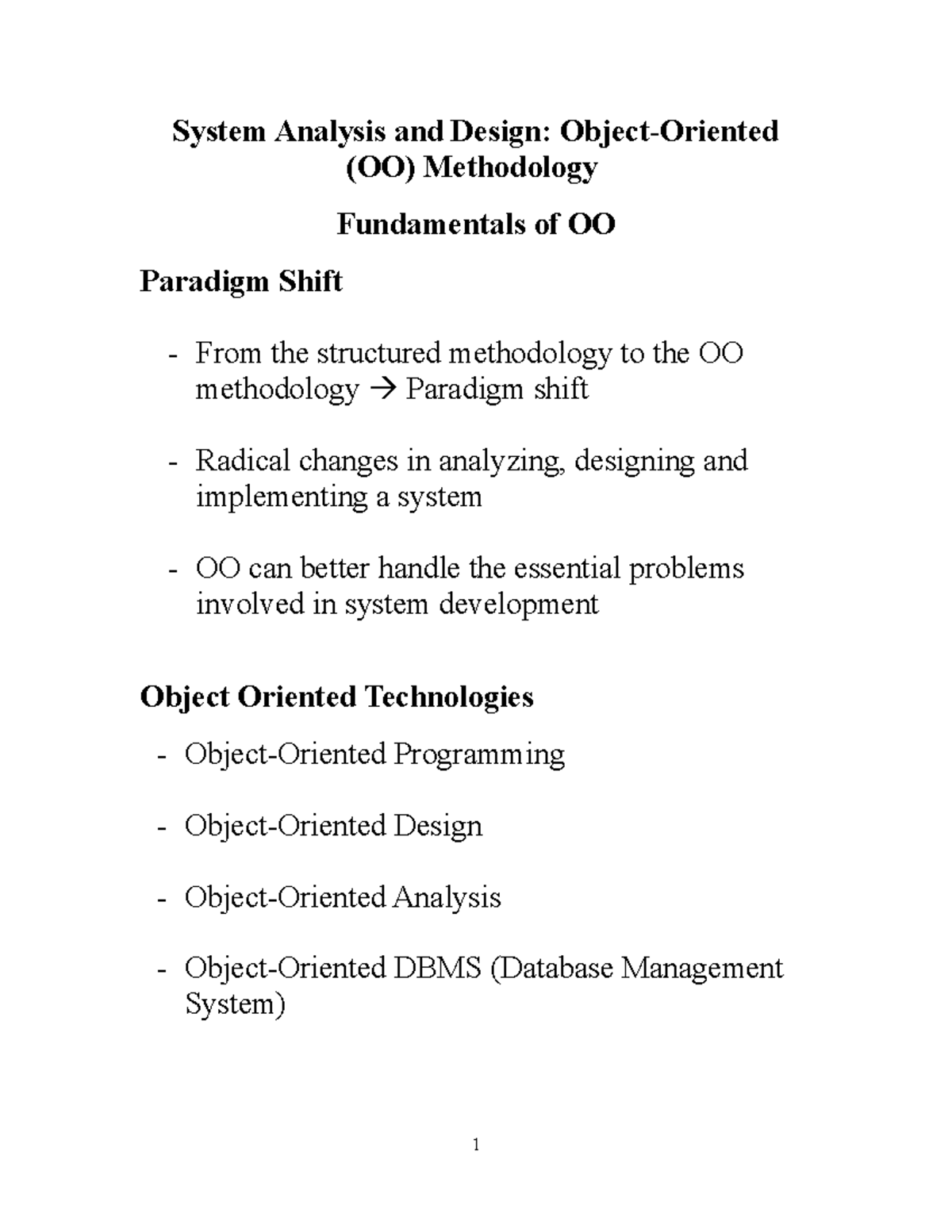 Note (OO Fundamentals Online 2018 Fall) - System Analysis and Design: Object-Oriented (OO) - Studocu