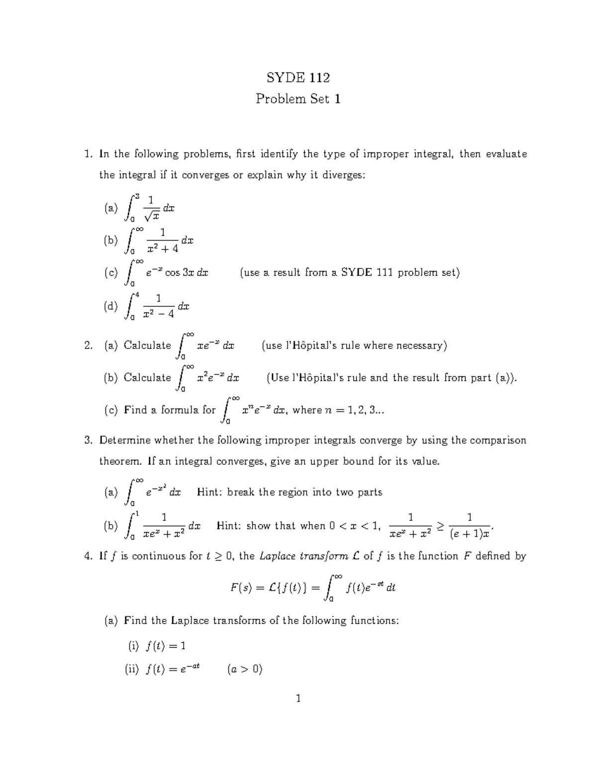 Syde 112 Ps 1 Problem Set 1 Syde 112 Problem Set 1 In The Following Problems First Identify 