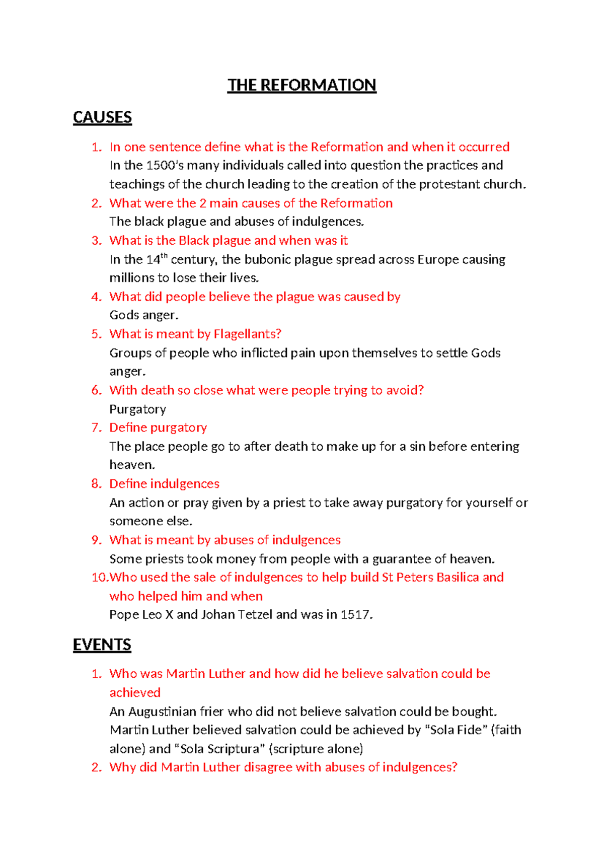 THE Reformation - THE REFORMATION CAUSES 1. In one sentence define what ...