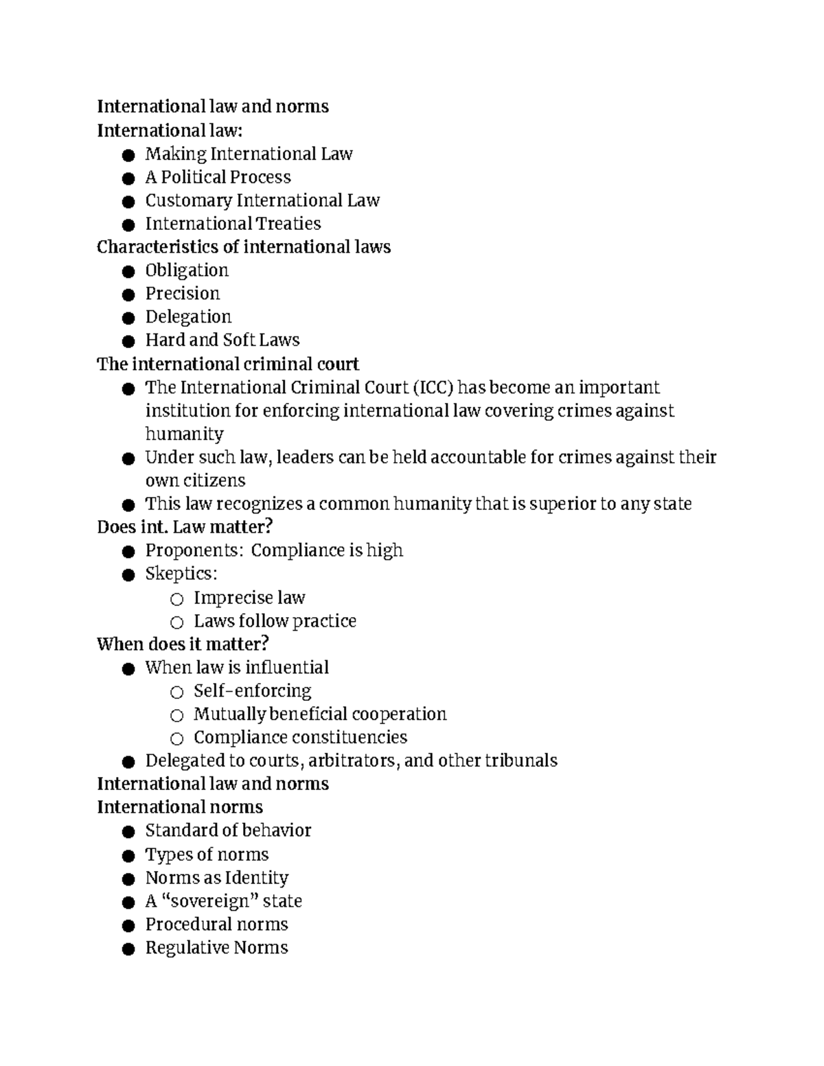 Week 13 lectures - Willow K - International law and norms International ...