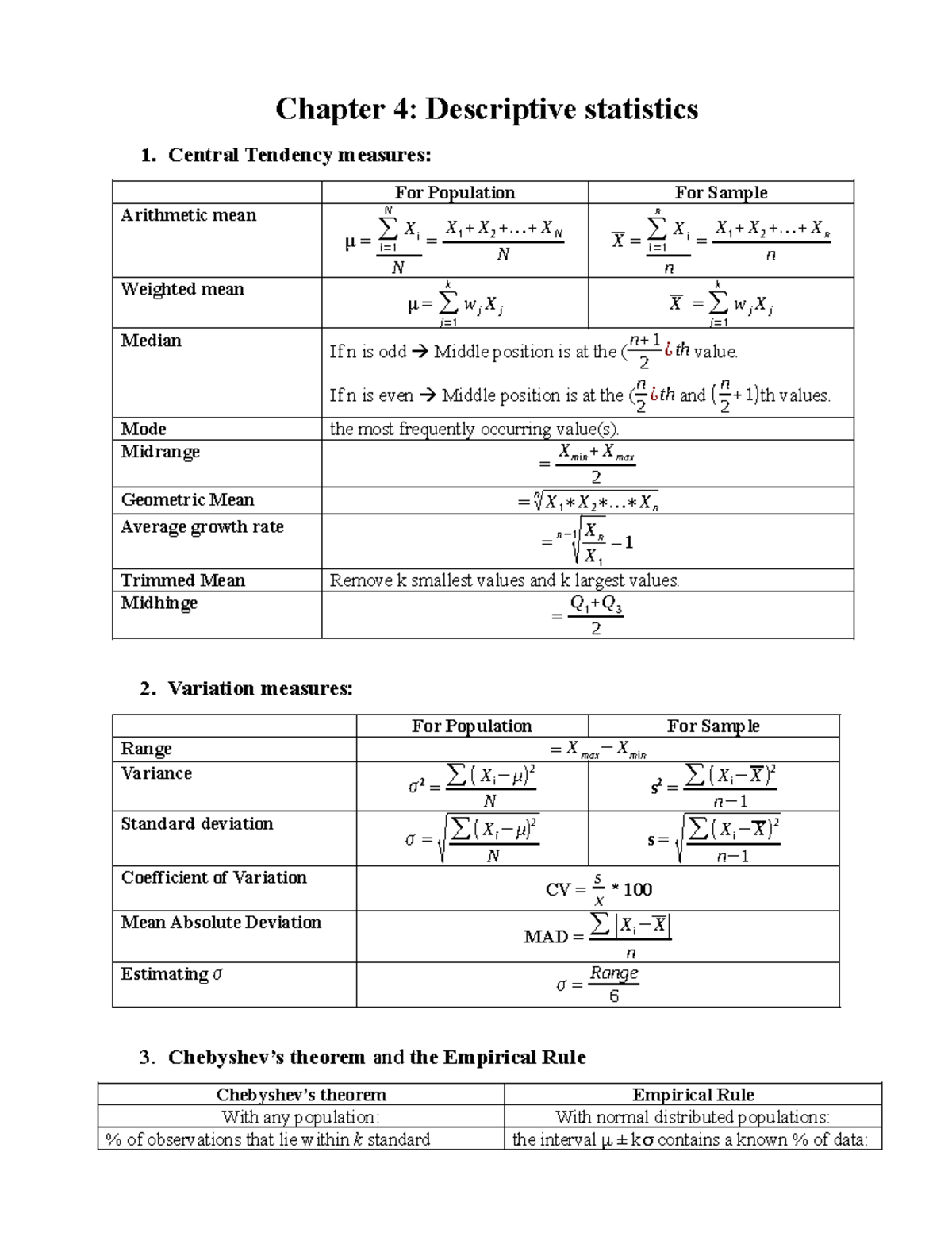 Cheat sheet - công thức môn SB - Chapter 4: Descriptive statistics ...