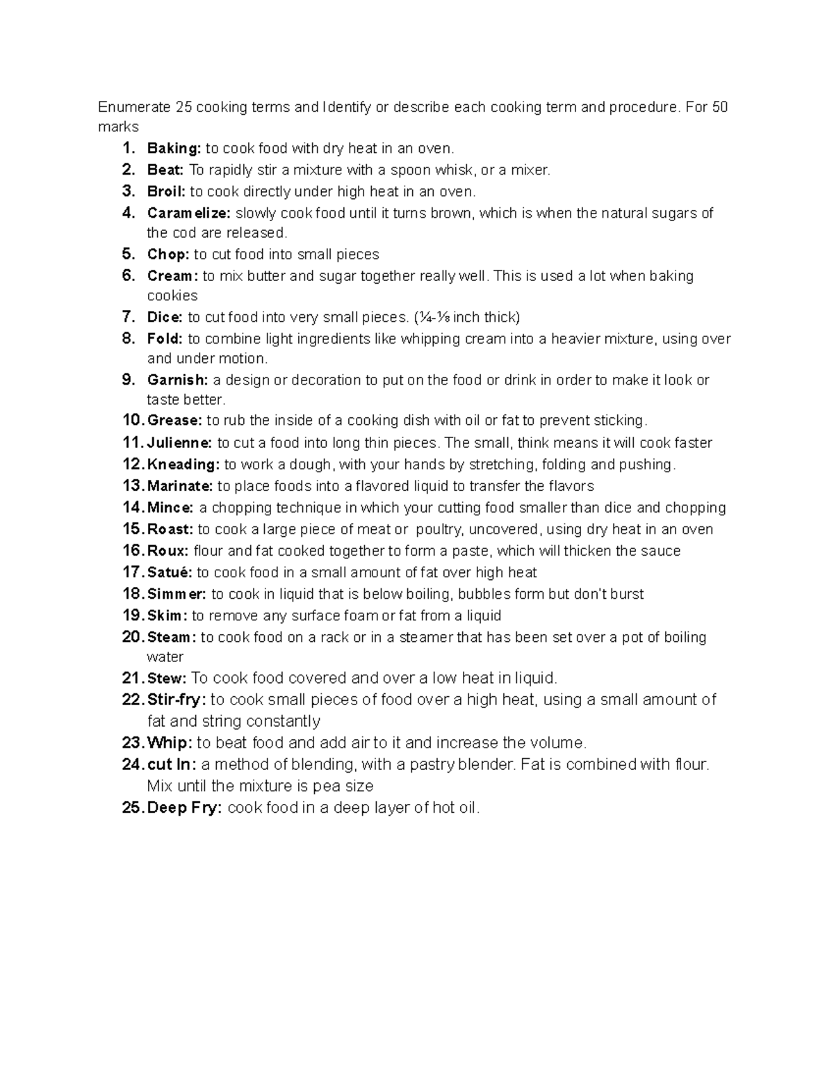 Foods assignment - Enumerate 25 cooking terms and Identify or describe ...