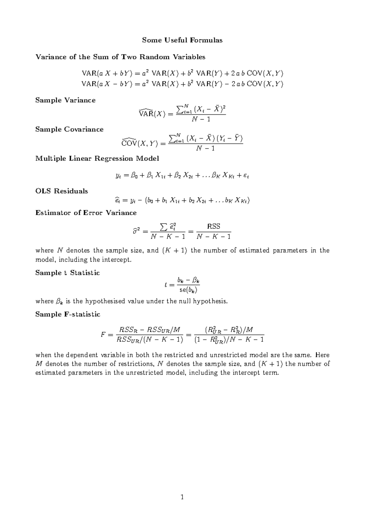 Formula sheet 2023 final - Some Useful Formulas Variance of the Sum of ...