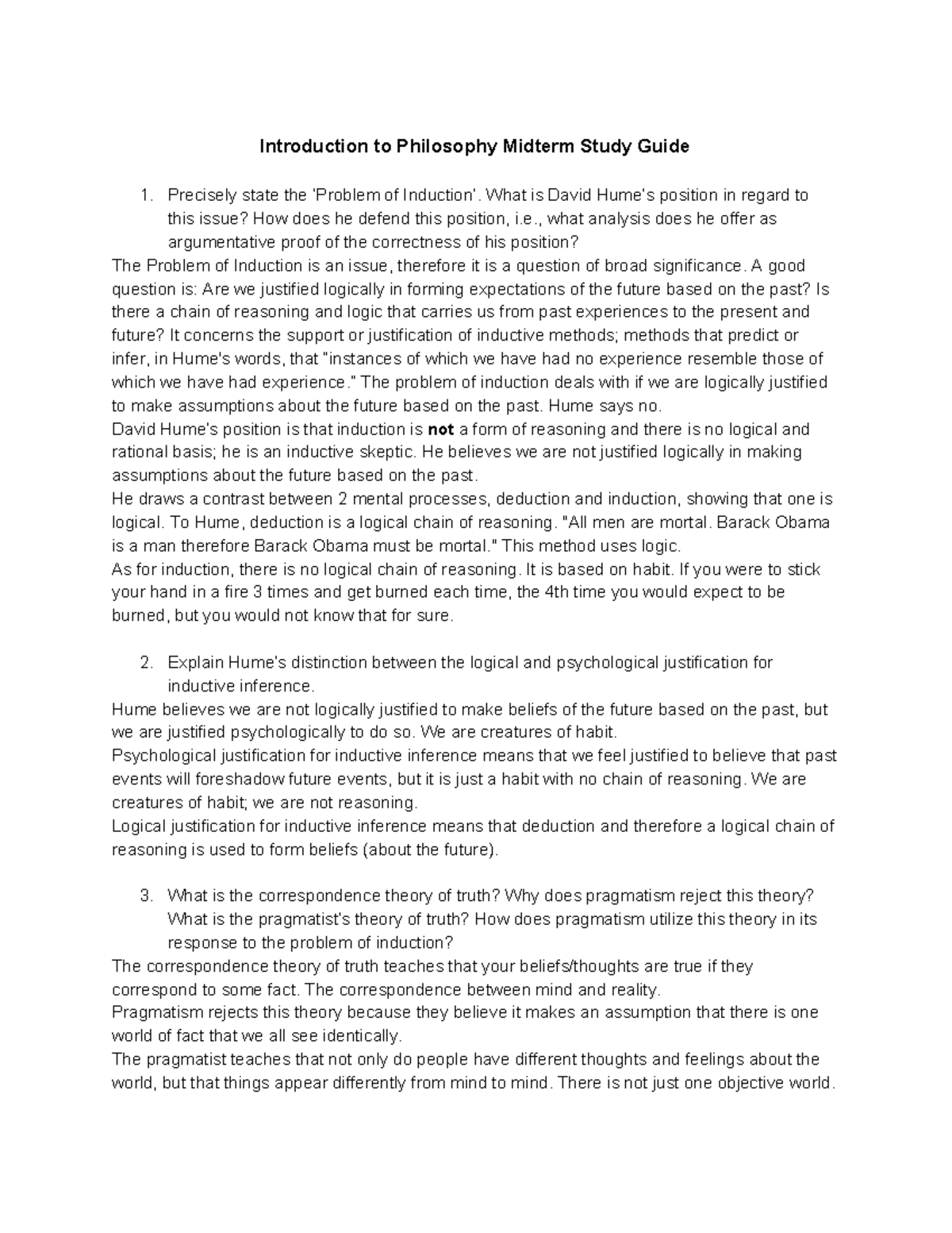 Introduction to Philosophy Midterm Study Guide - Precisely state the ...