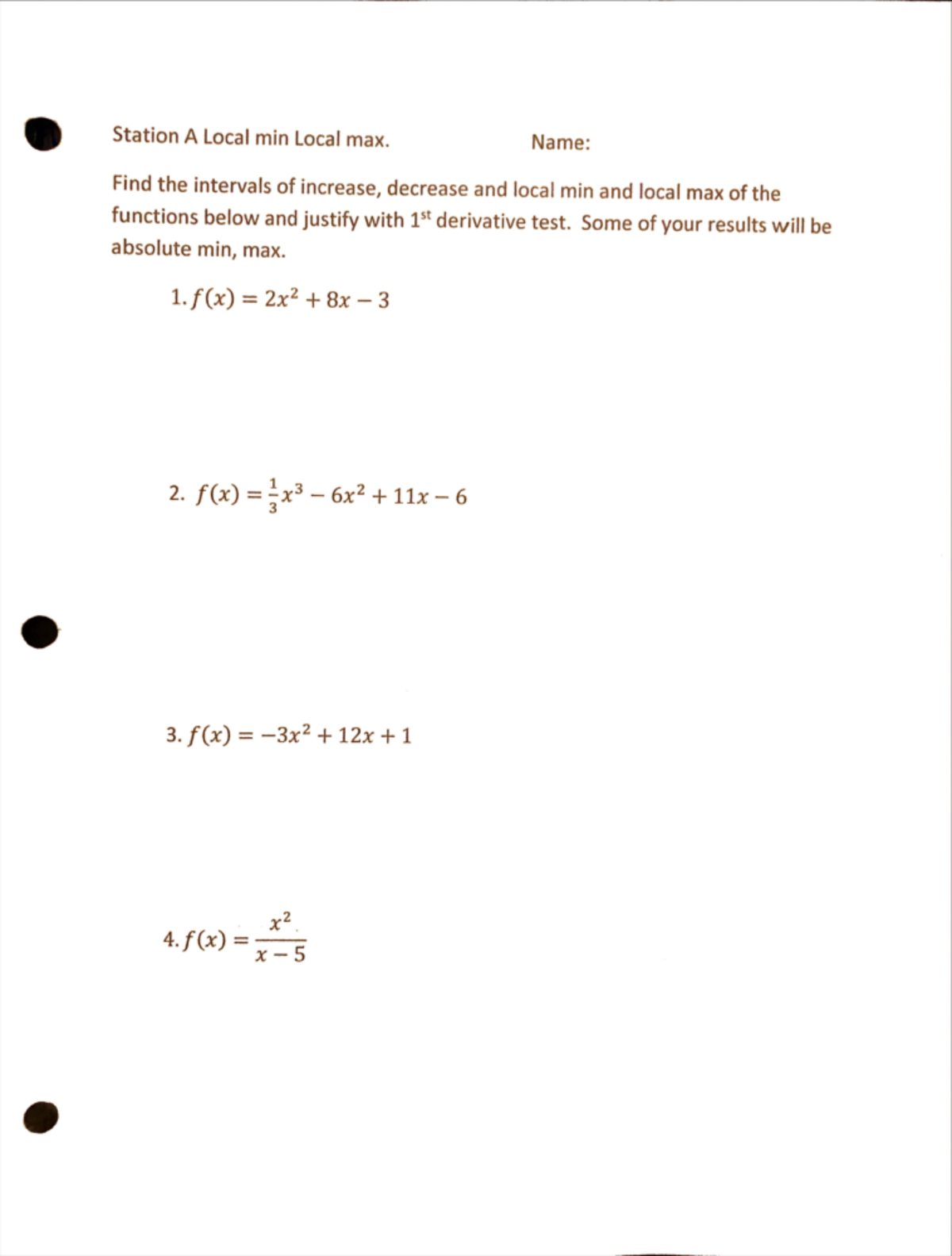 Local min max critical points worksheet - Station A Local min Local max ...