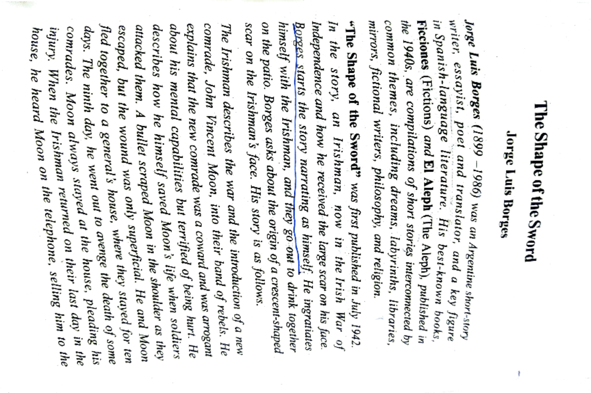 The shape of the sword - Short fiction by Jorge luis borges - The Shape ...