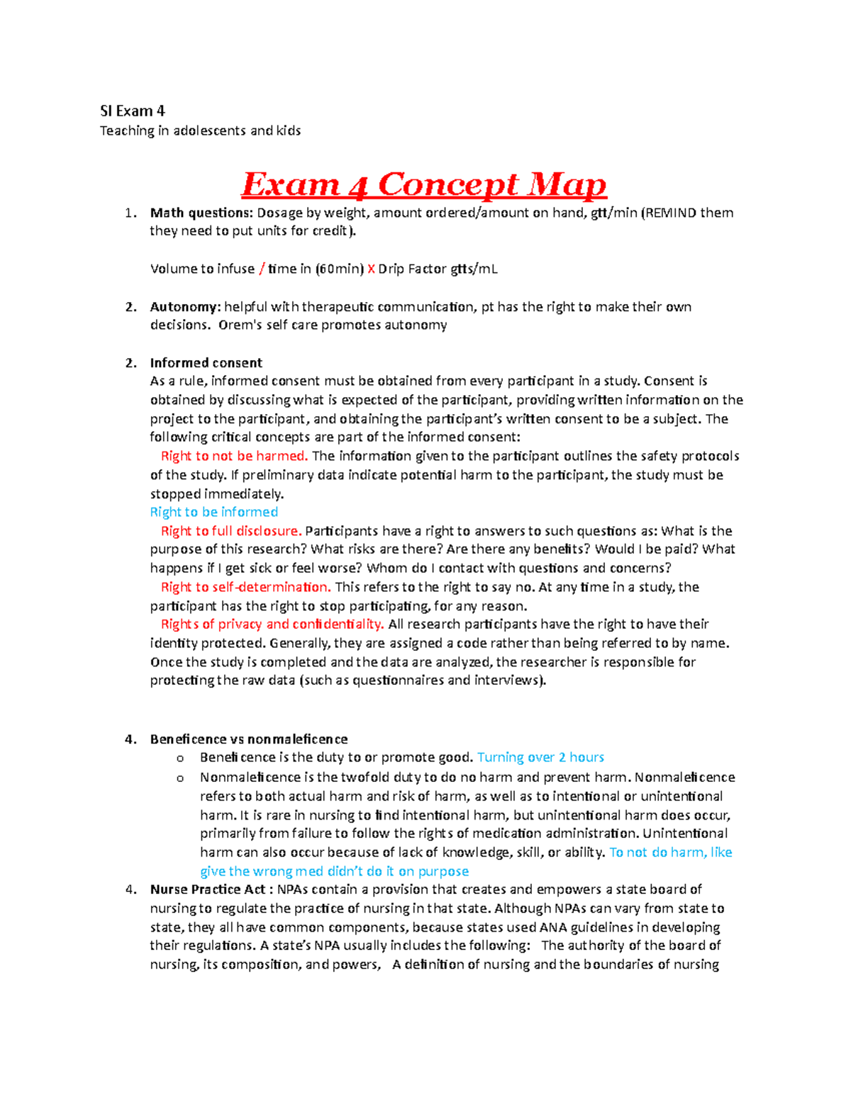 Basic health notes - SI Exam 4 Teaching in adolescents and kids Exam 4 ...