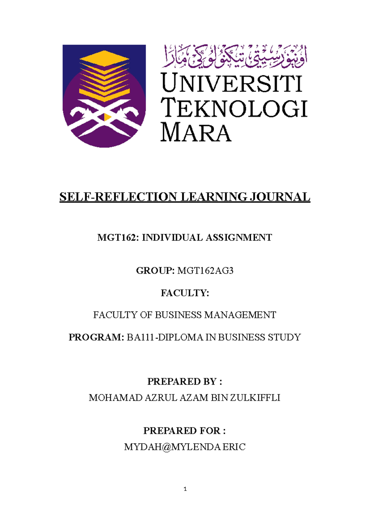 (Individual Assignment MGT162) - SELF-REFLECTION LEARNING JOURNAL ...