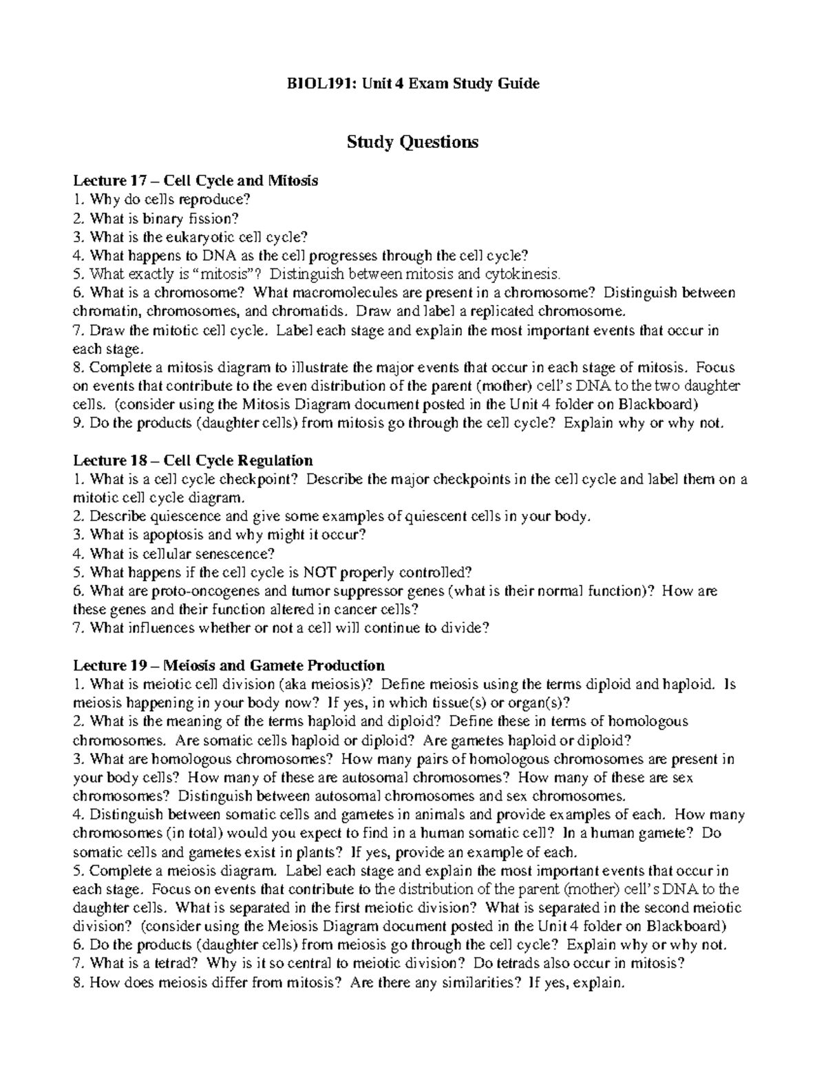 BIOL191 Unit 4 Exam Study Guide - BIOL191: Unit 4 Exam Study Guide ...