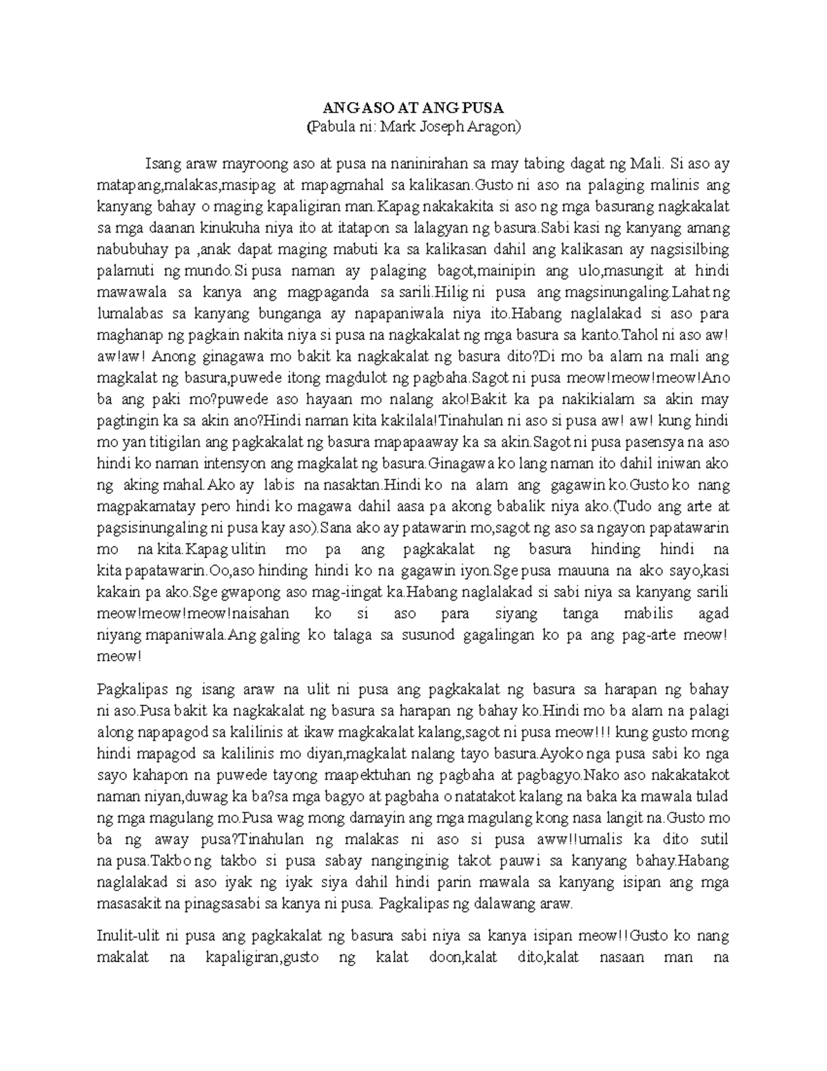 ANG ASO AT ANG PUSA w2 - This story is useful in grade 4 - ANG ASO AT ...