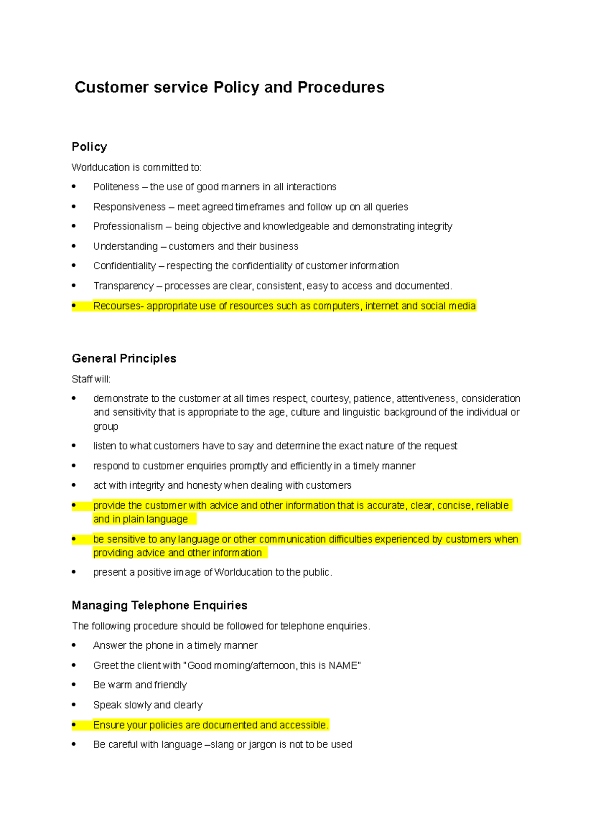 Updated Customer Service Policy - Customer service Policy and ...