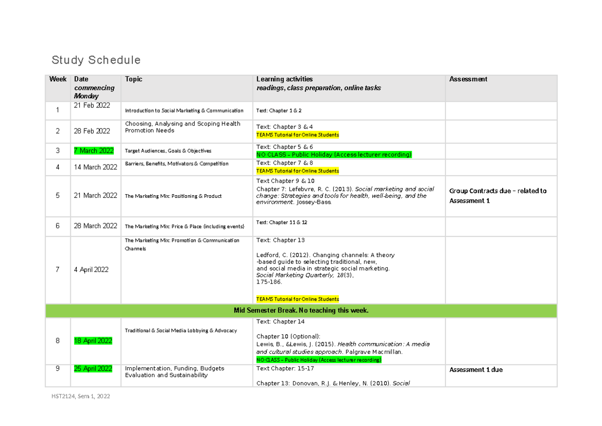 HST2124 Study Schedule Sem 1 2022 - Study Schedule Week Date commencing ...
