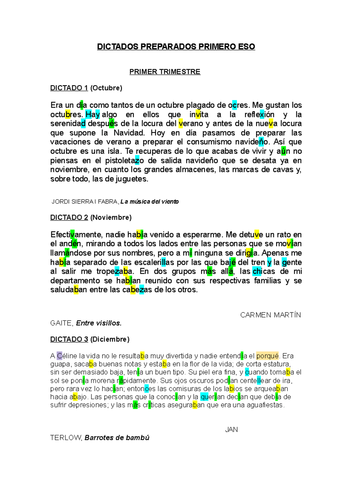 Dictados 1 ESO formato word - DICTADOS PREPARADOS PRIMERO ESO PRIMER TRIMESTRE DICTADO 1 ...