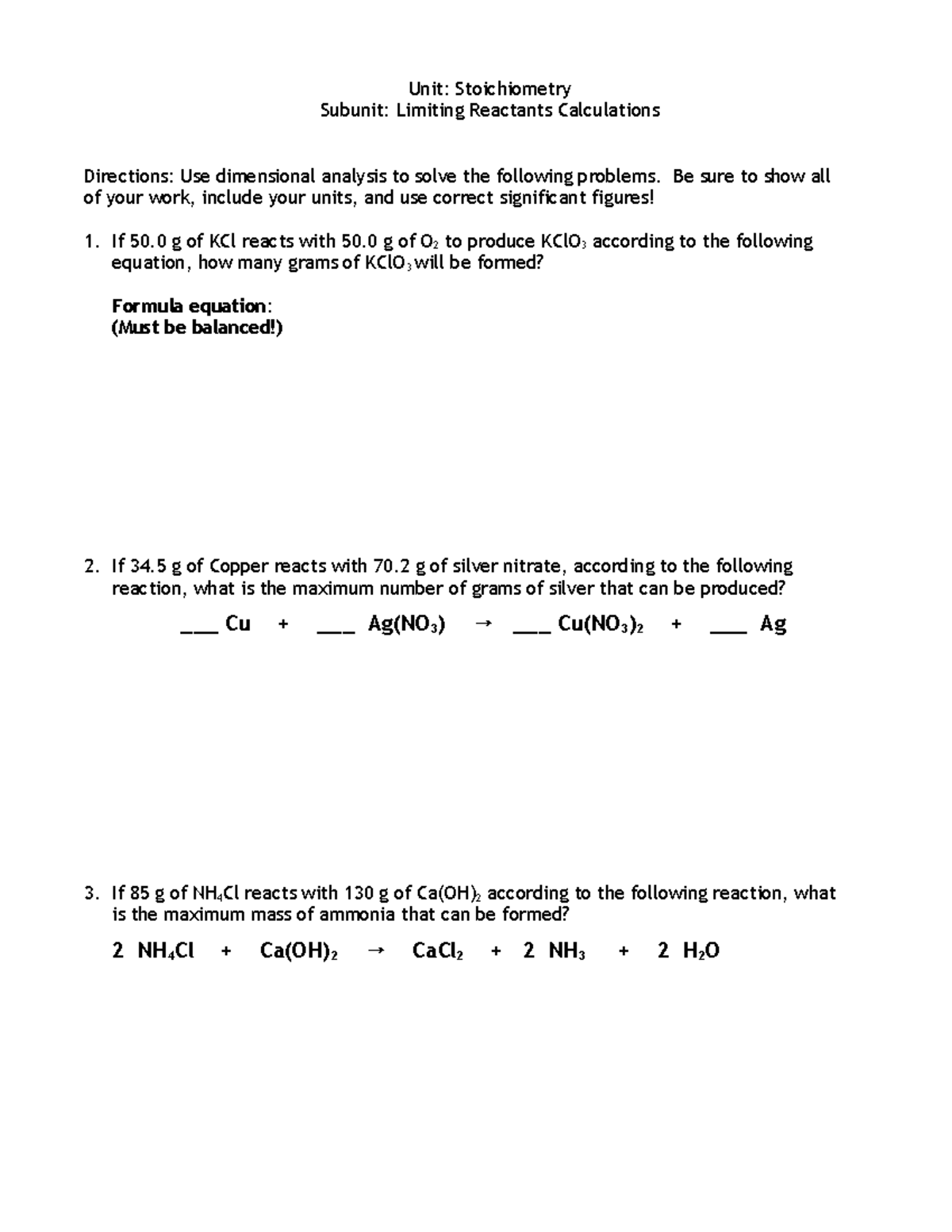 Limiting Reactant Calculations Homework - Unit: Stoichiometry Subunit ...