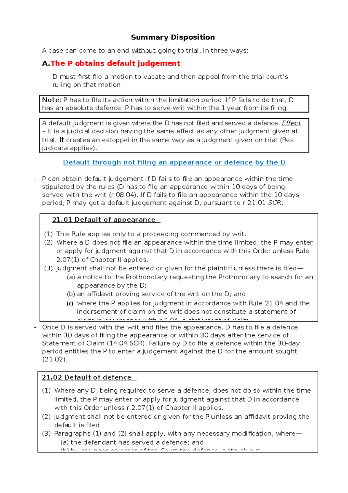 Summary Disposition - Note : P has to file its action within the ...
