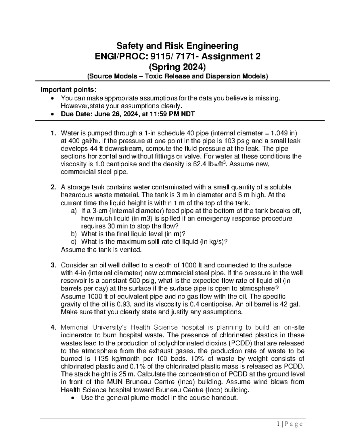 A2. 2024 - Assignment - 1 | P a g e Safety and Risk Engineering ENGI ...