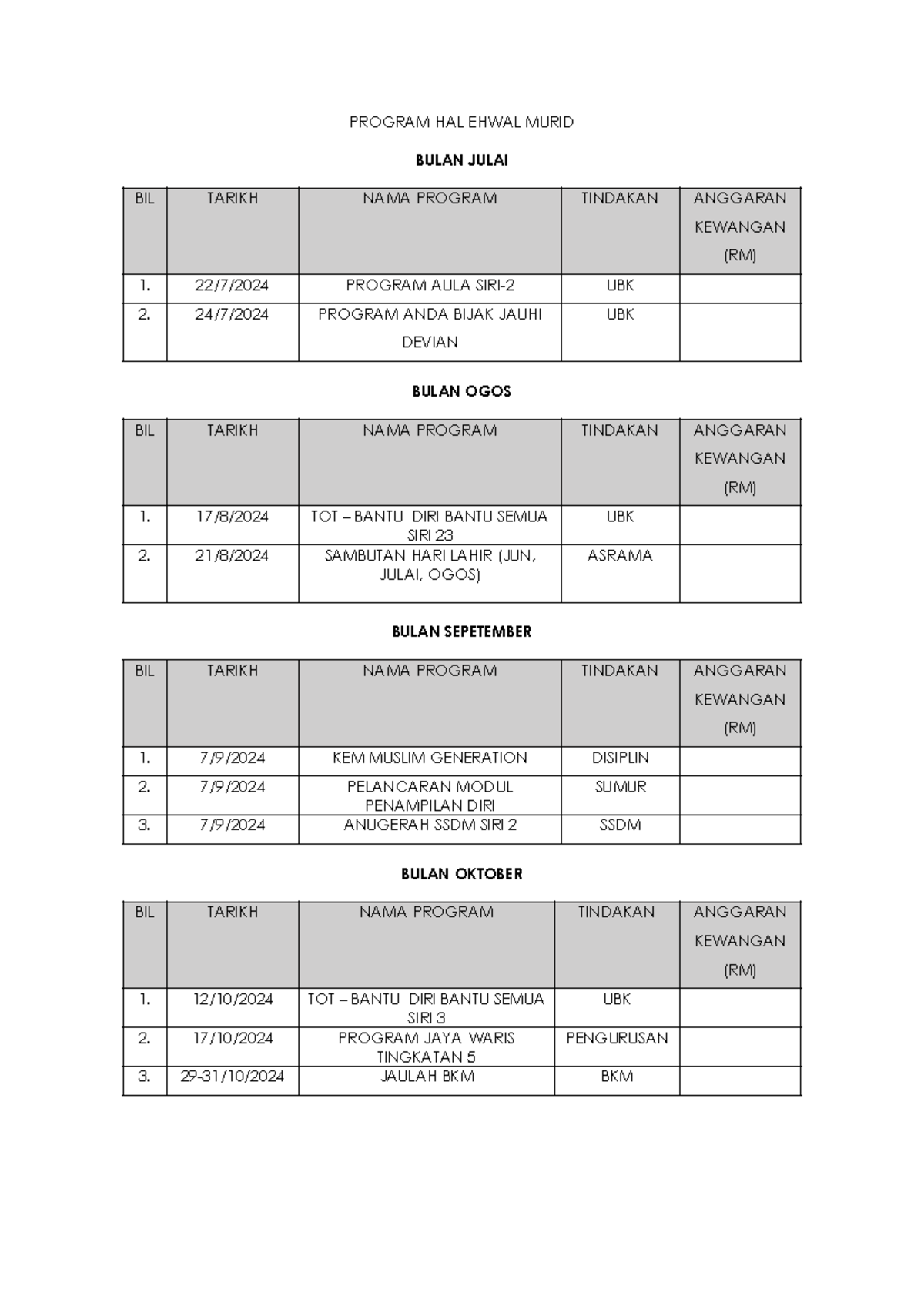 Anggaran Bajet Program Bulan 7,8,9,10,11,12 - PROGRAM HAL EHWAL MURID ...