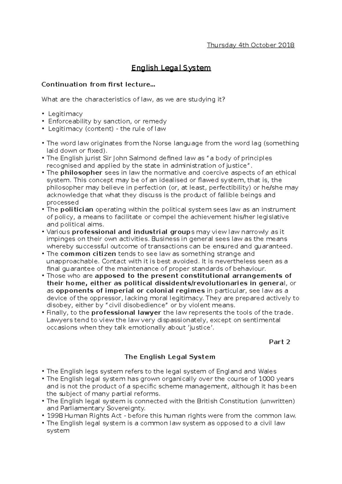 English Legal System Intro 2 - Thursday 4th October 2018 English Legal ...