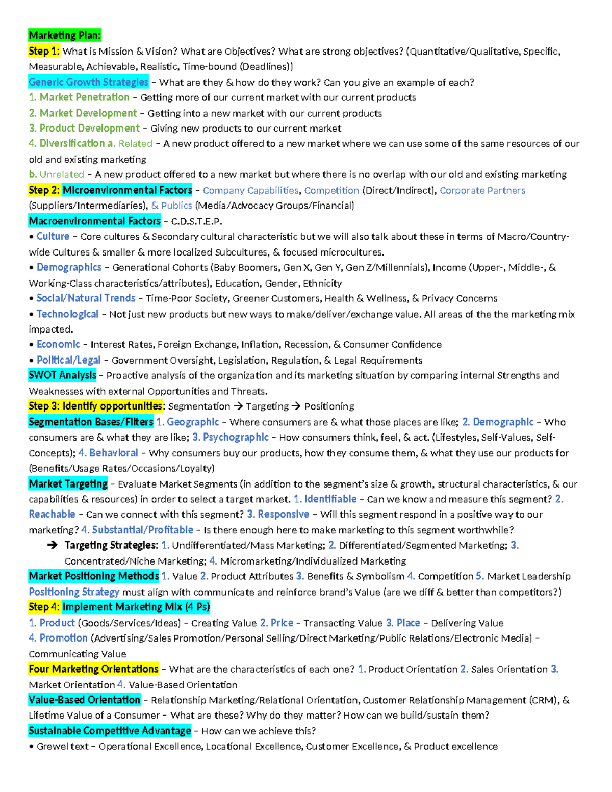 Mos2320 midterm cheat sheet - Marketing Plan: Step 1: What is Mission & Vision? What are - Studocu