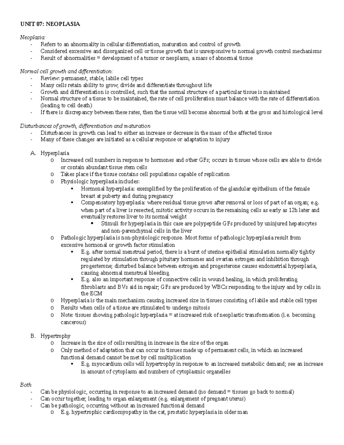 PATH Final Exam Notes.docx - UNIT 07: NEOPLASIA Neoplasia: - Refers to ...