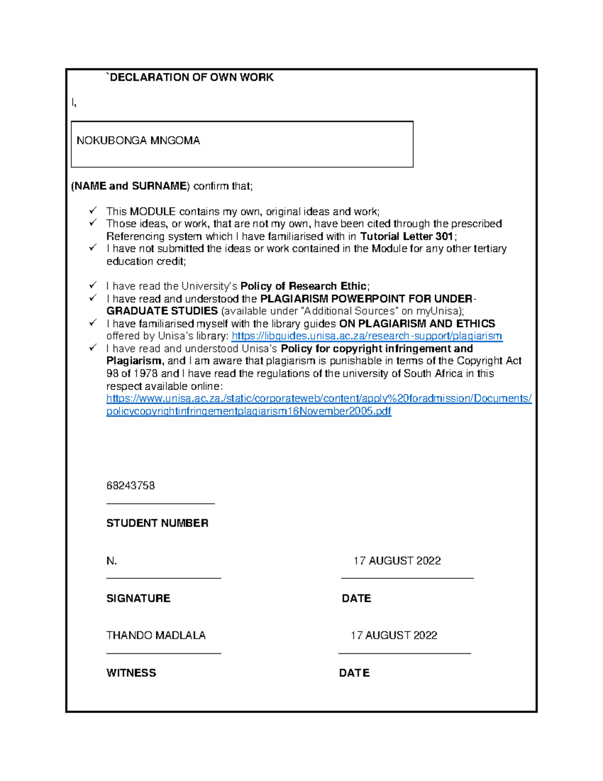 COM3701 Assignment 1 - `DECLARATION OF OWN WORK I, NOKUBONGA MNGOMA (NAME and SURNAME ) confirm ...