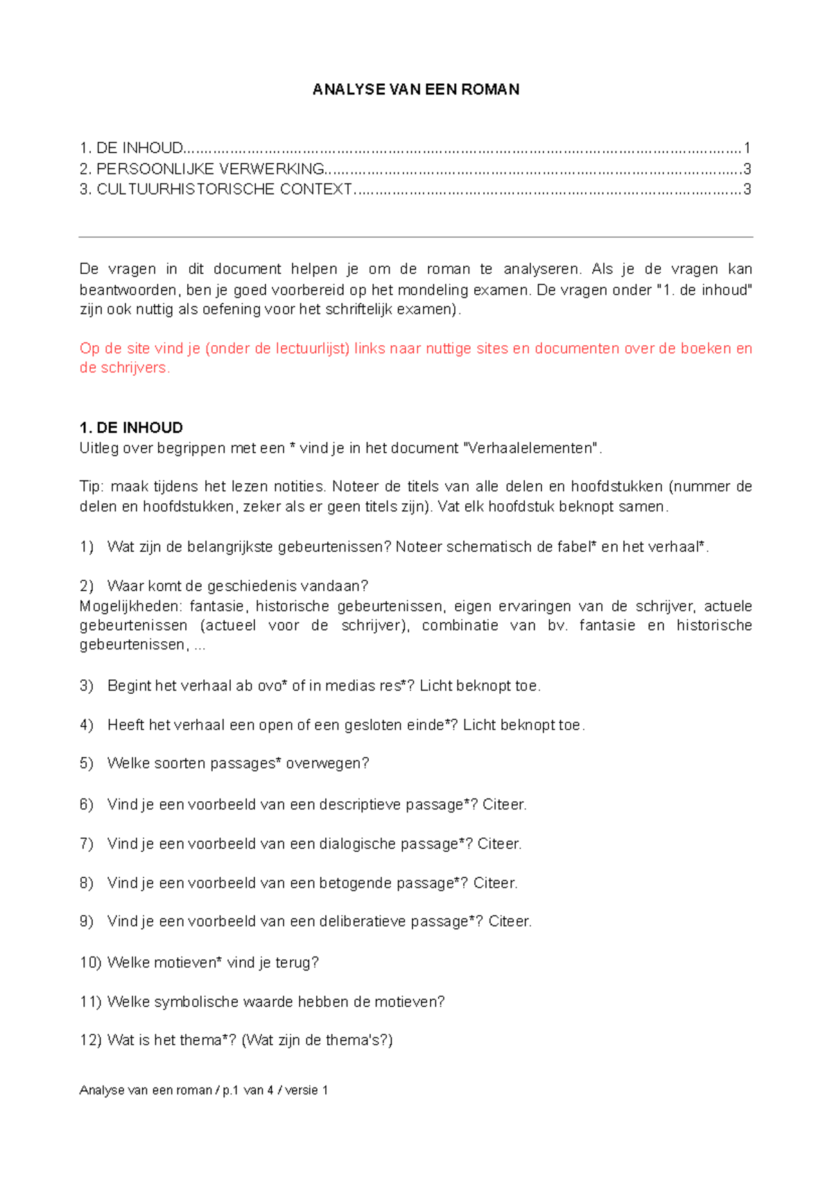 Analyse roman - Leerstof nederlands - ANALYSE VAN EEN ROMAN 1. DE ...