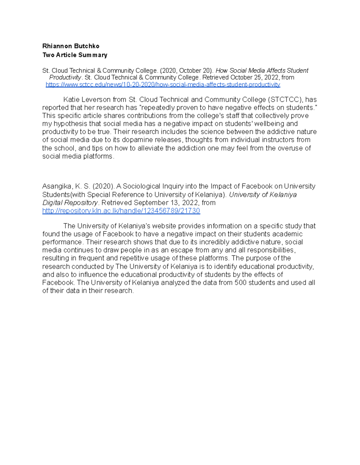 Two Article Summary - Rhiannon Butchko Two Article Summary St. Cloud ...