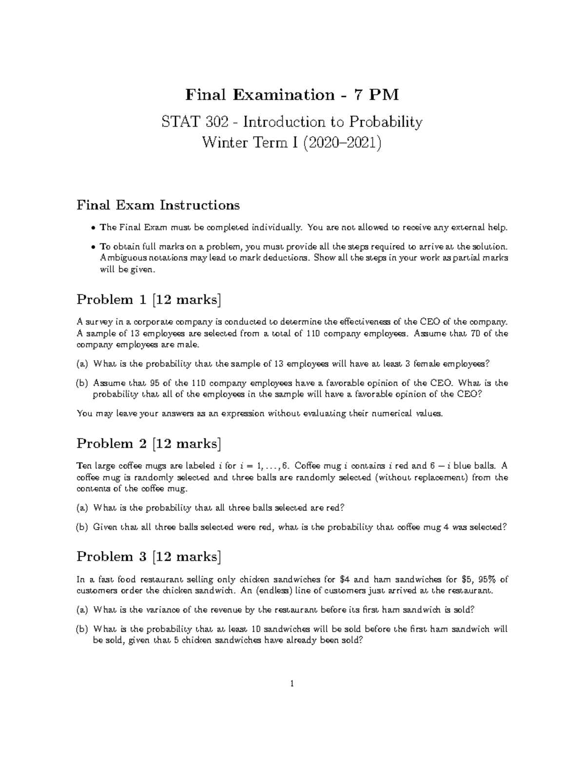 Final Exam 2021 Winter term 1 - 7 PM - Final Examination - 7 PM STAT ...
