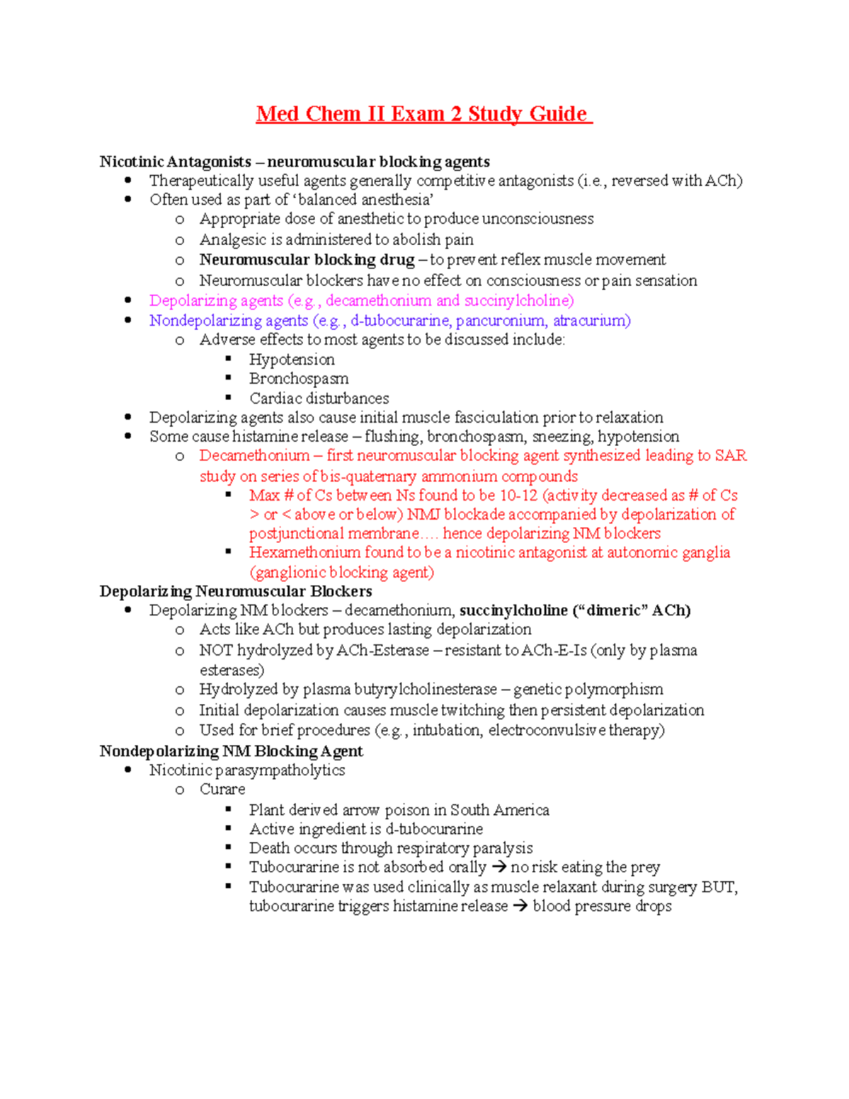 Med Chem II Exam 2 Study Guide - Med Chem II Exam 2 Study Guide Nicotinic Antagonists – - Studocu