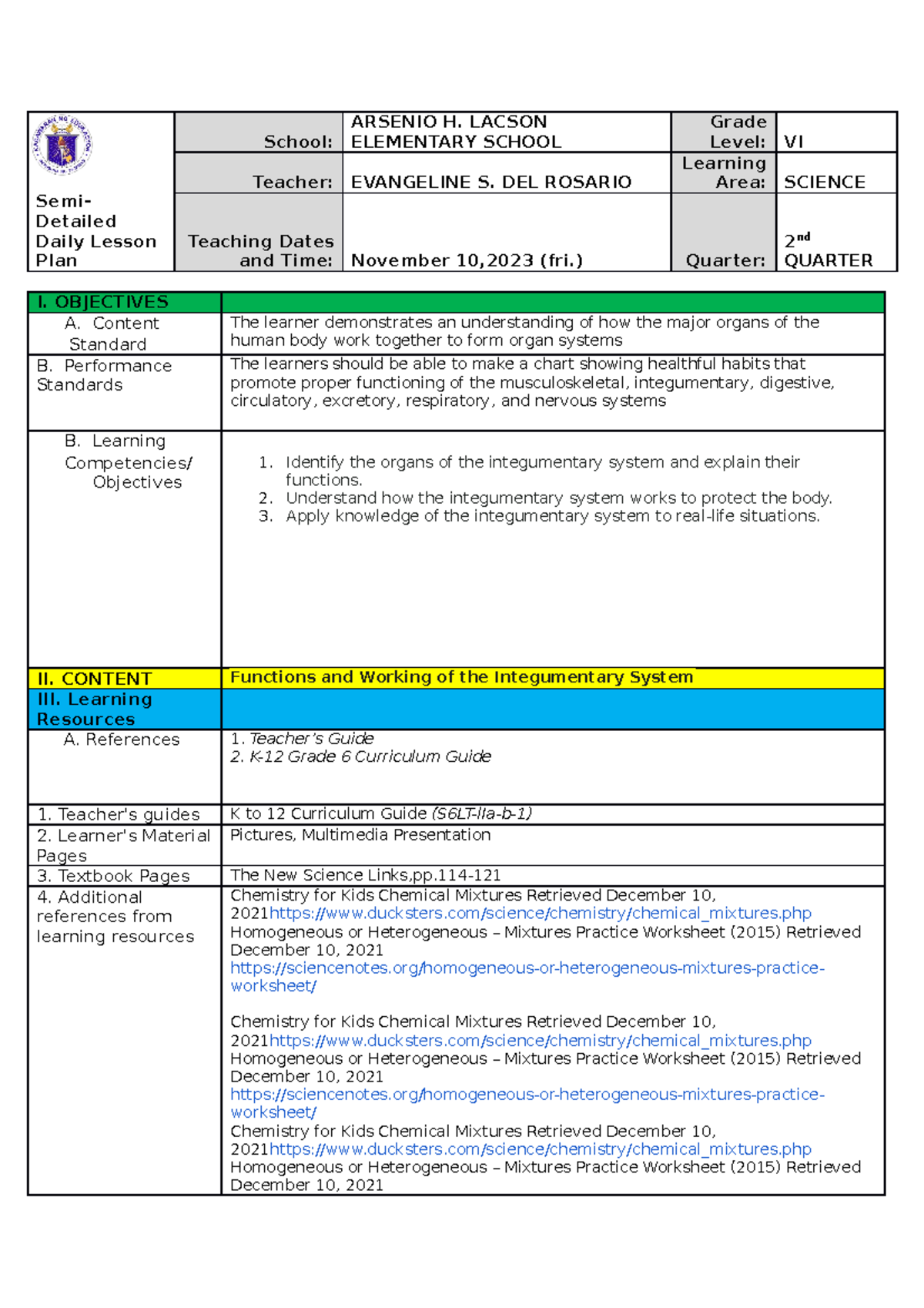 Q2 DLP in Science 6 Integumentary System - Semi- Detailed Daily Lesson ...