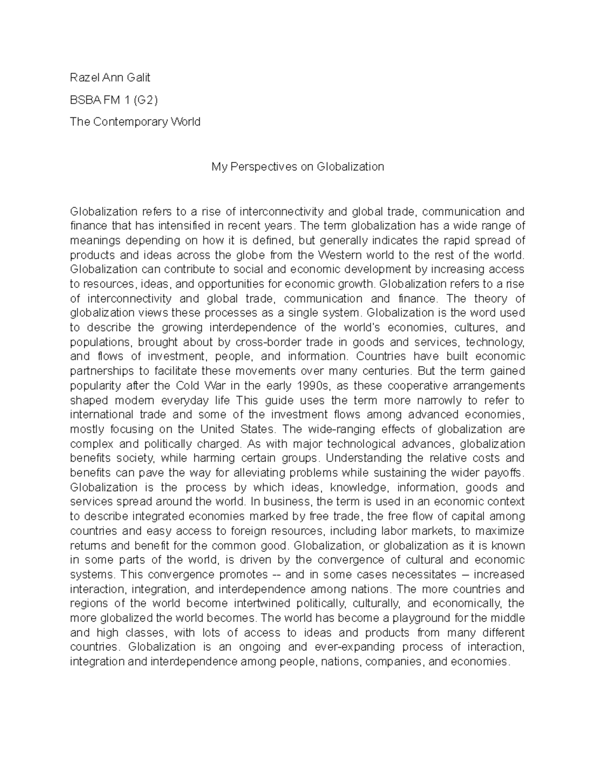 Razel 1500 words - the contemporary world - Razel Ann Galit BSBA FM 1 ...