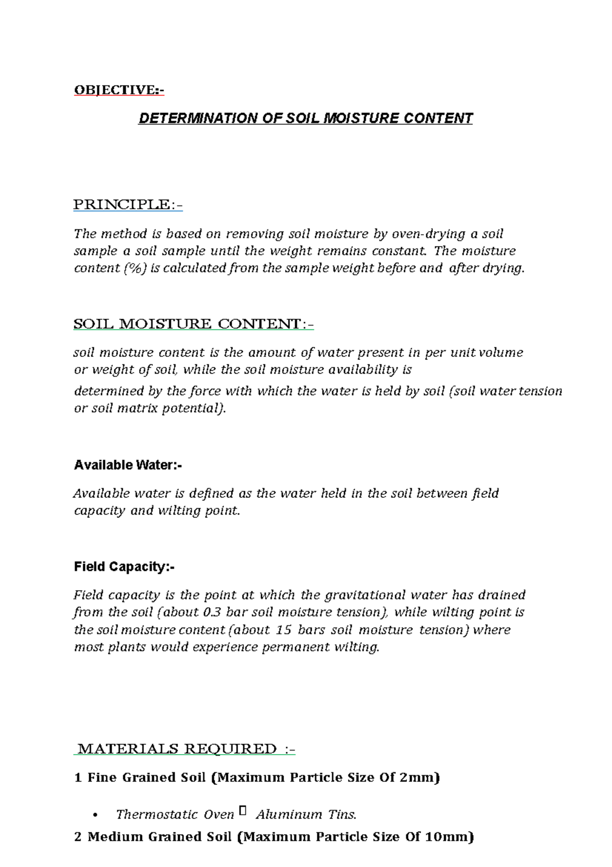 Determination of soil moisture content - OBJECTIVE:- DETERMINATION OF ...