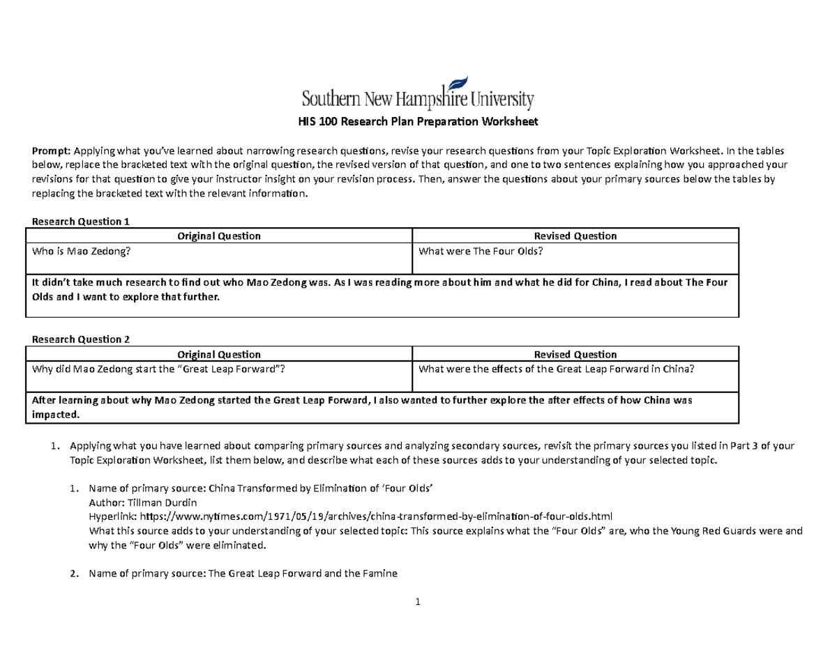 HIS 100 Research Plan Preparation Worksheet - HIS 100 Research Plan ...