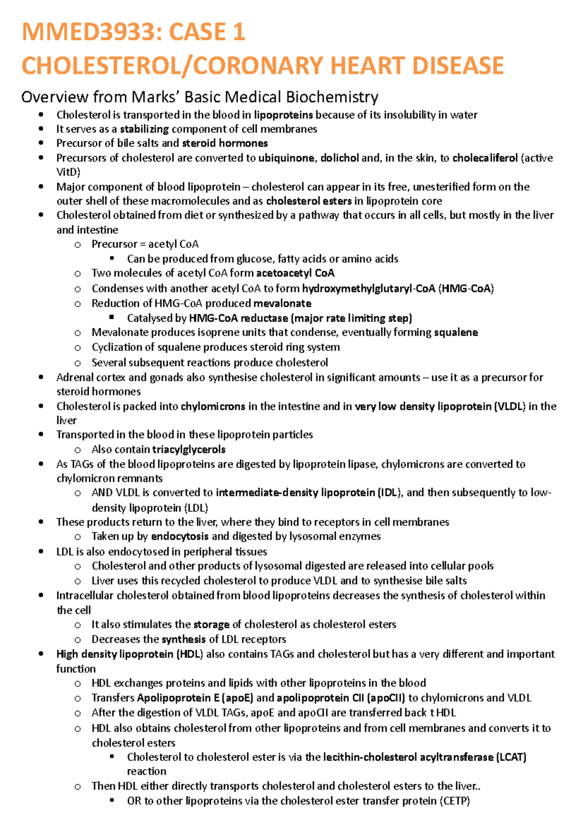Cholesterol exam notes 2 - MMED3933: CASE 1 HEART DISEASE Overview from ...