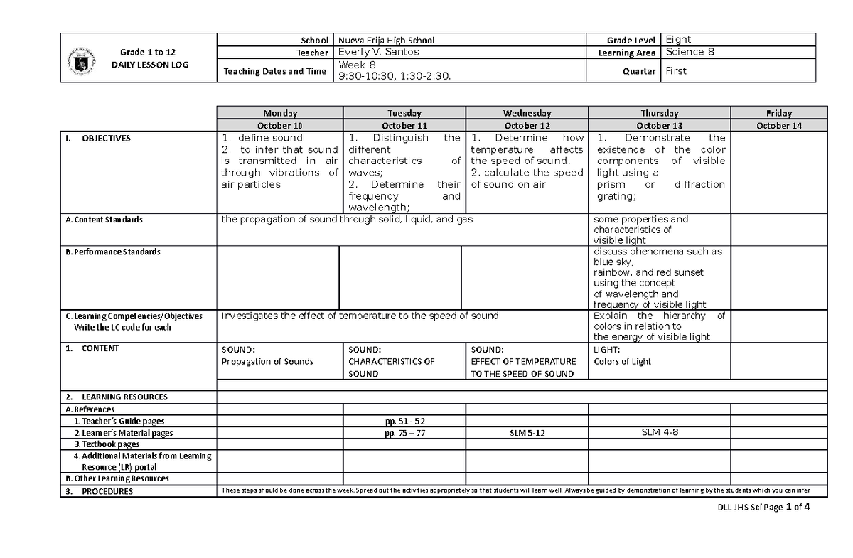 Week-8 - Lesson Plan - Grade 1 to 12 DAILY LESSON LOG School Nueva ...