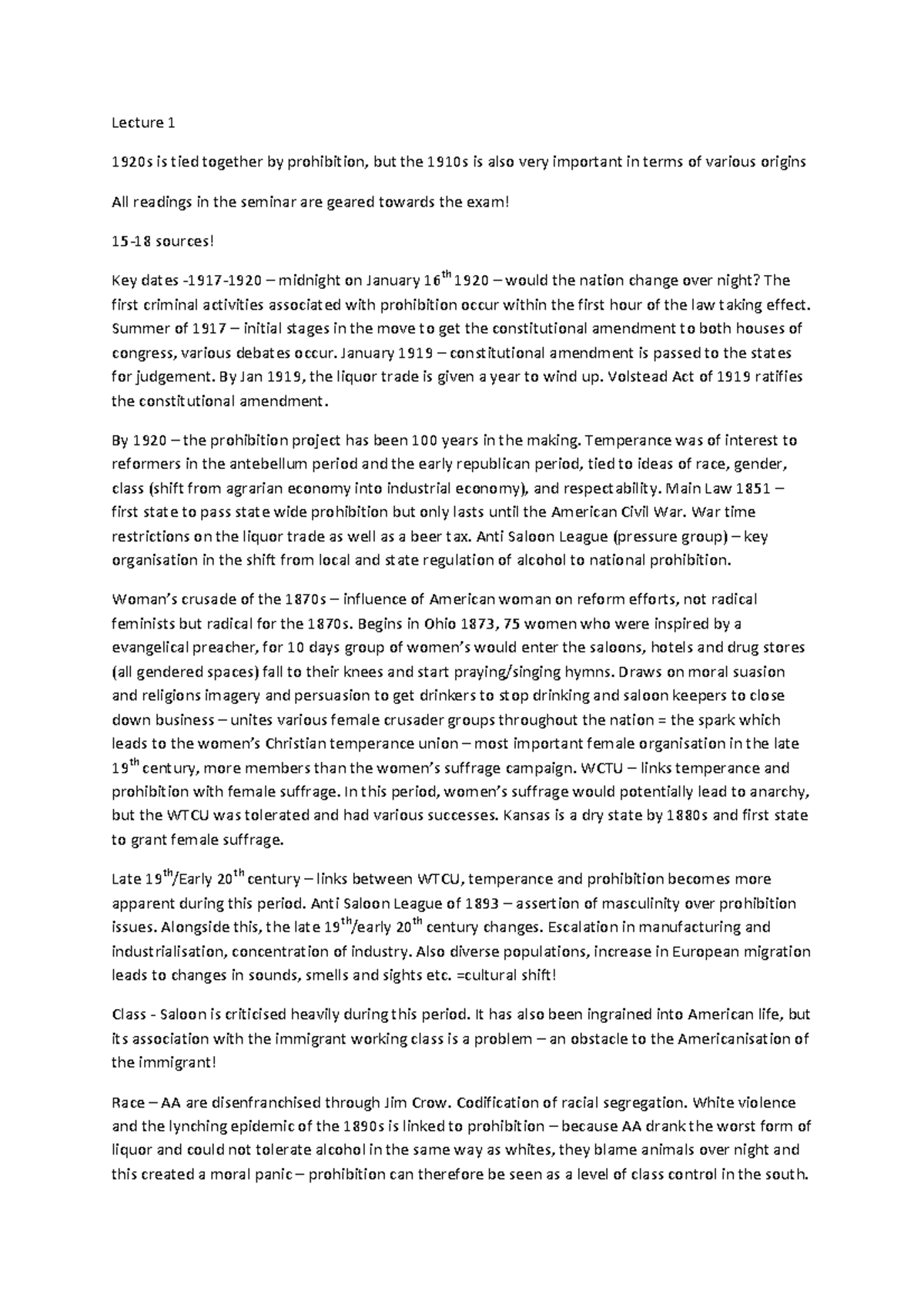 Lecture Notes 1 Prohibition America - Lecture 1 1920s is tied together ...