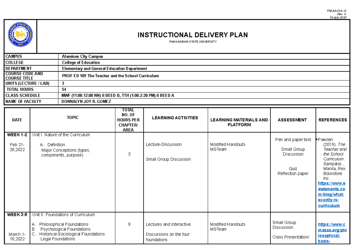 PROF ED 109 Building Literacy and curriculum - Rev. 0 10-July ...