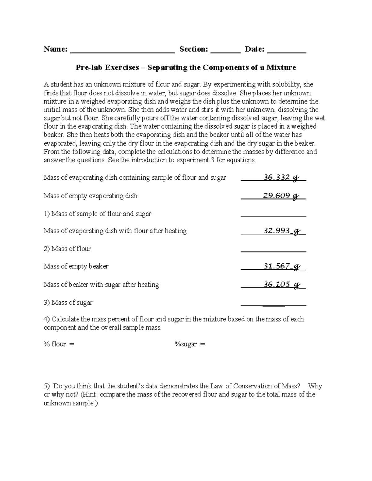 Experiment 3 Pre Laboratory Assignment - Name: Section: Date: Pre-lab Exercises – Separating the ...