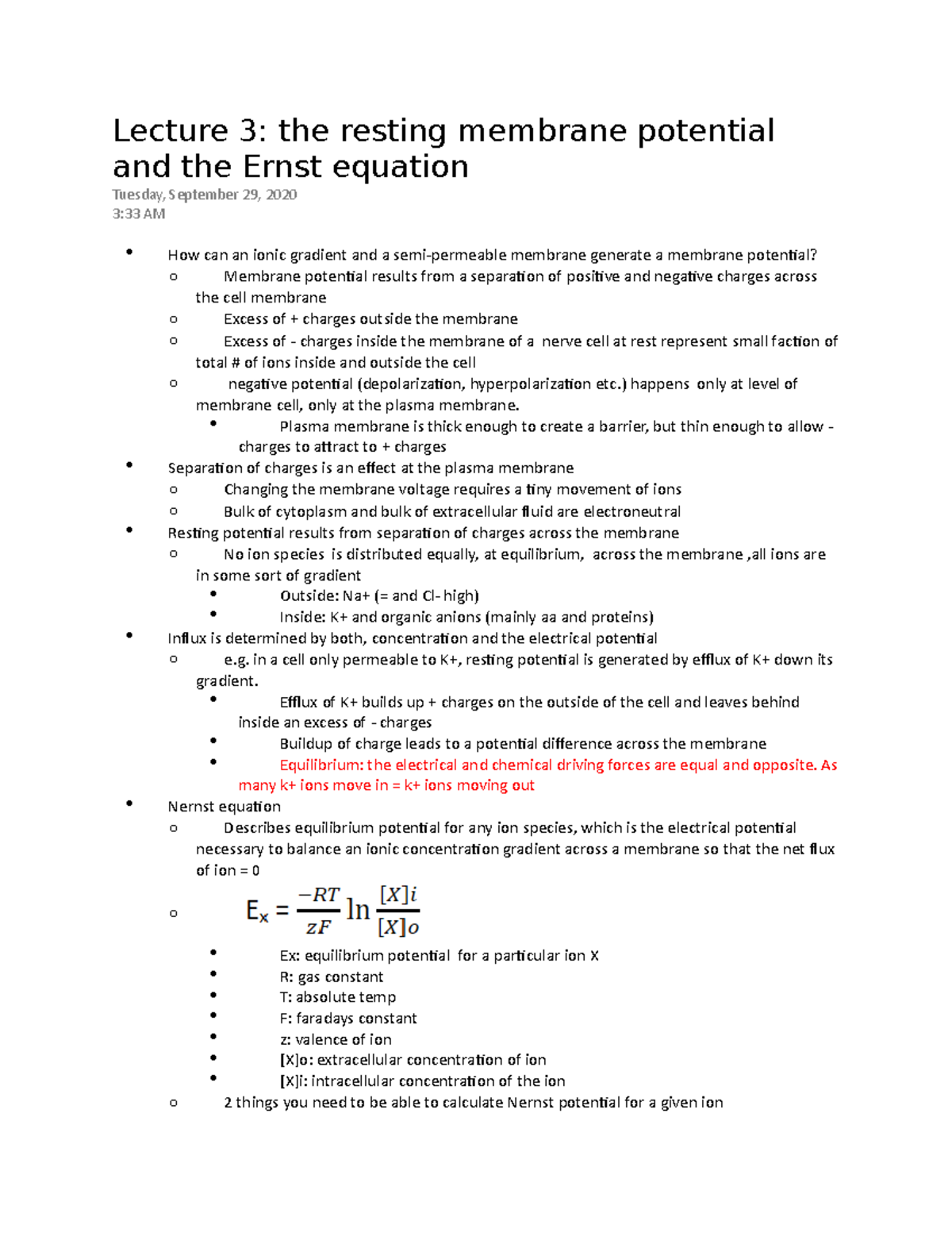 Lecture 3 the resting membrane potential and the Ernst equation - NEURO ...