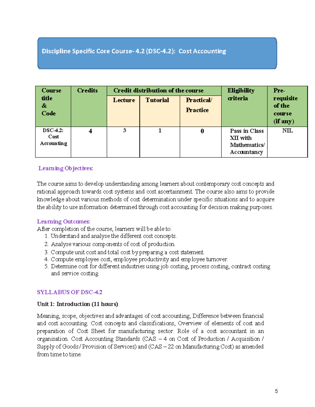Cost Accounting BCH-NEP - Course title & Code Credits Credit ...