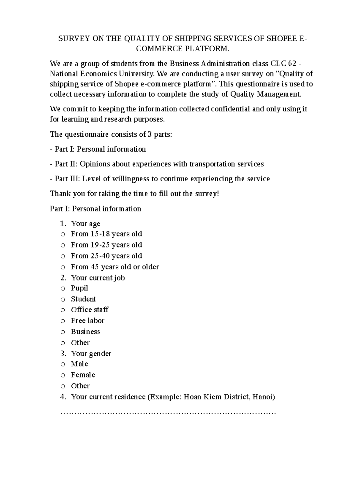 Survey ON THE Quality OF Shipping Services OF Shopee E - SURVEY ON THE ...