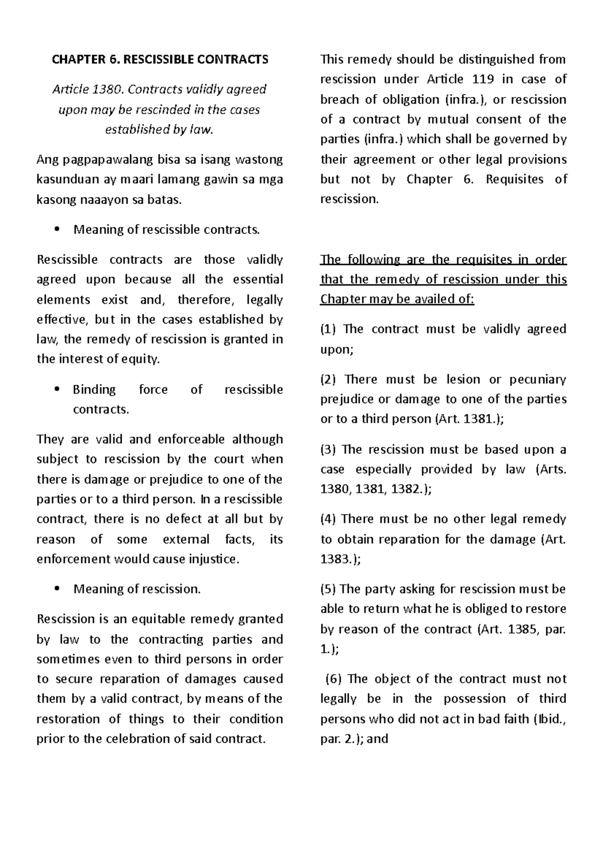 Defective Contracts - Lecture notes 6-9 - CHAPTER 6. RESCISSIBLE ...
