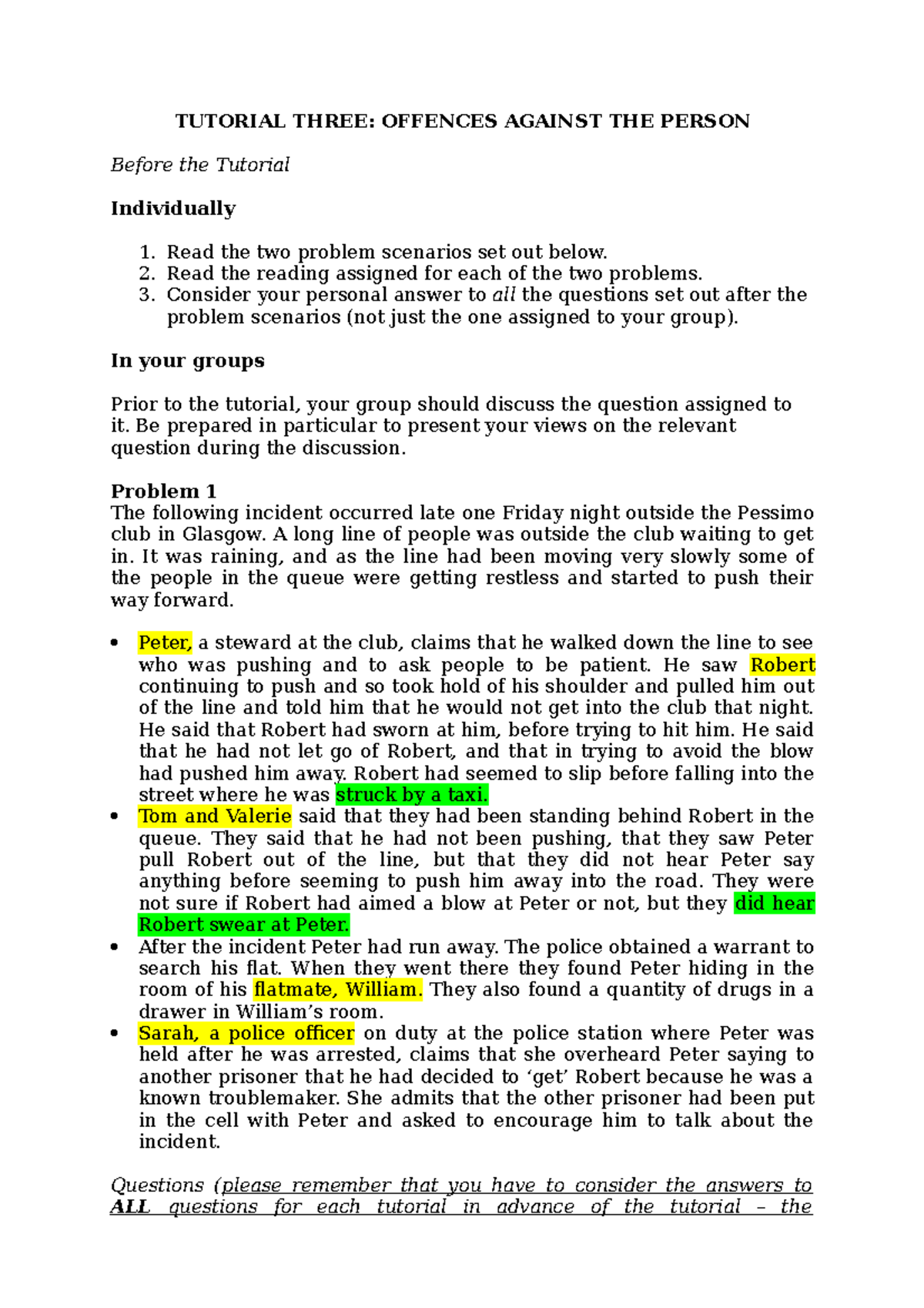 Tutorial 3 - tut 3 - TUTORIAL THREE: OFFENCES AGAINST THE PERSON Before ...