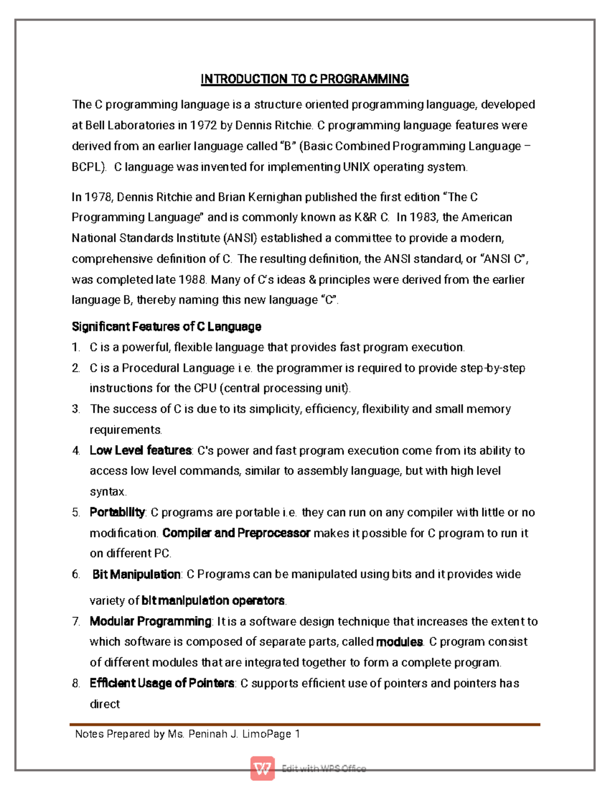 Topic 2- Introcuction TO C Programming- Update 1 - INTRODUCTION TO C PROGRAMMING The C ...