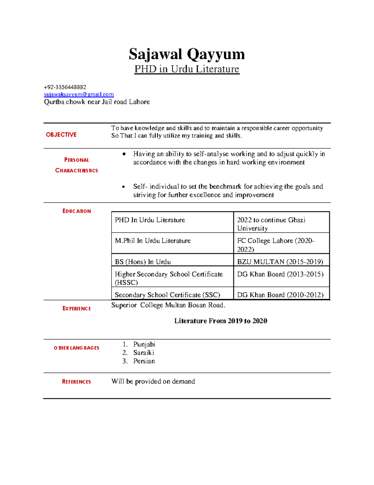 Sajawal Khan CV - Sajawal Qayyum PHD in Urdu Literature +92 ...