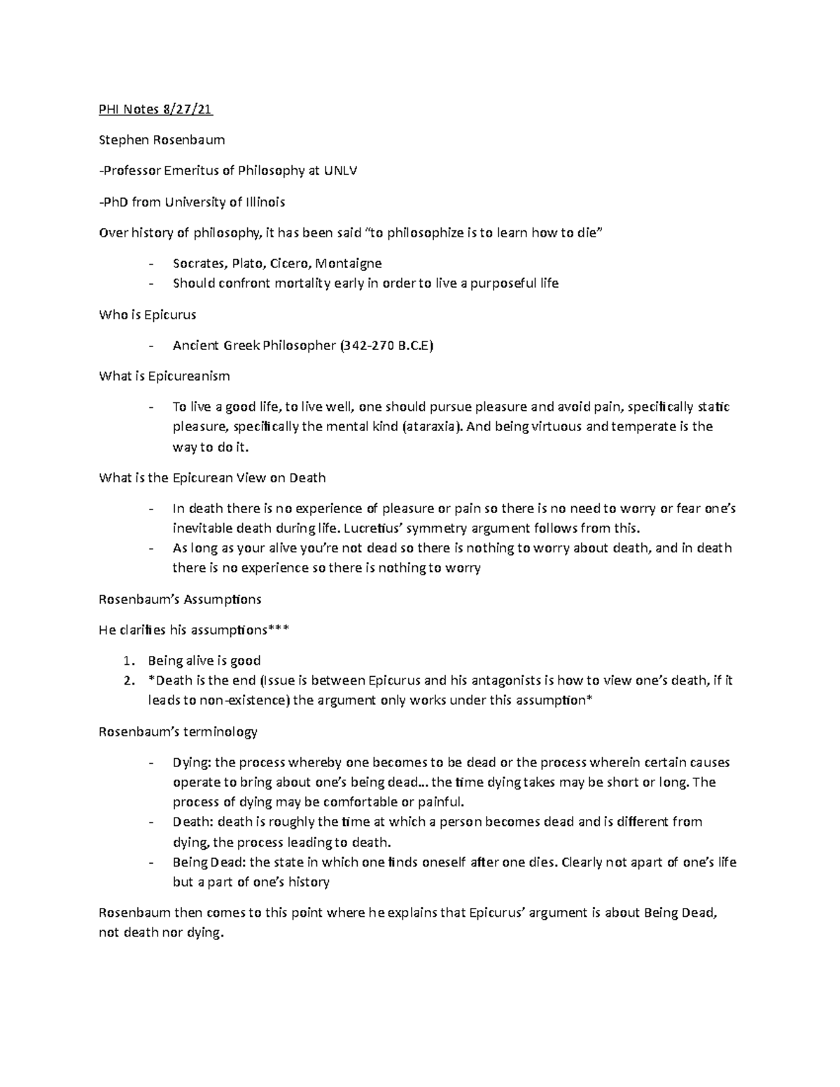 PHI Notes 8 - PHI Notes 8/27/ Stephen Rosenbaum -Professor Emeritus of ...
