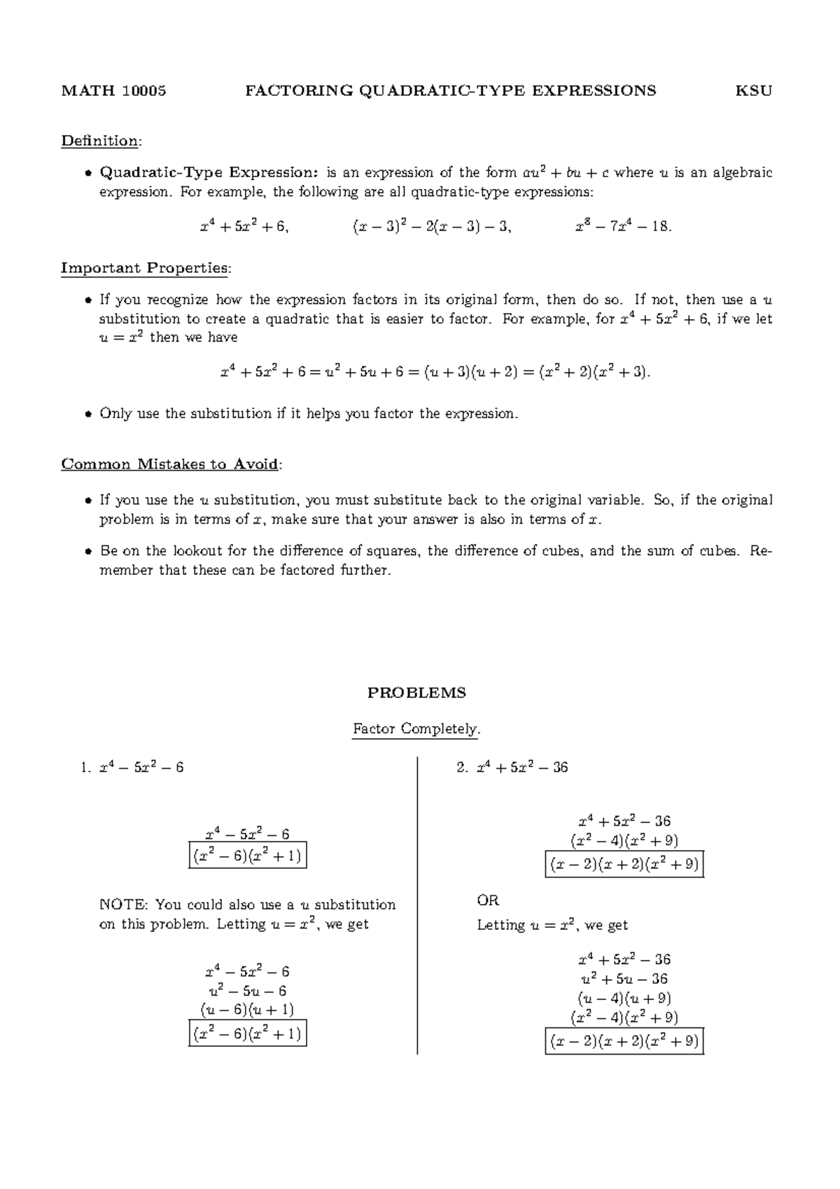 Factoring Quadratic-Type Expressions - MATH 10005 FACTORING QUADRATIC ...