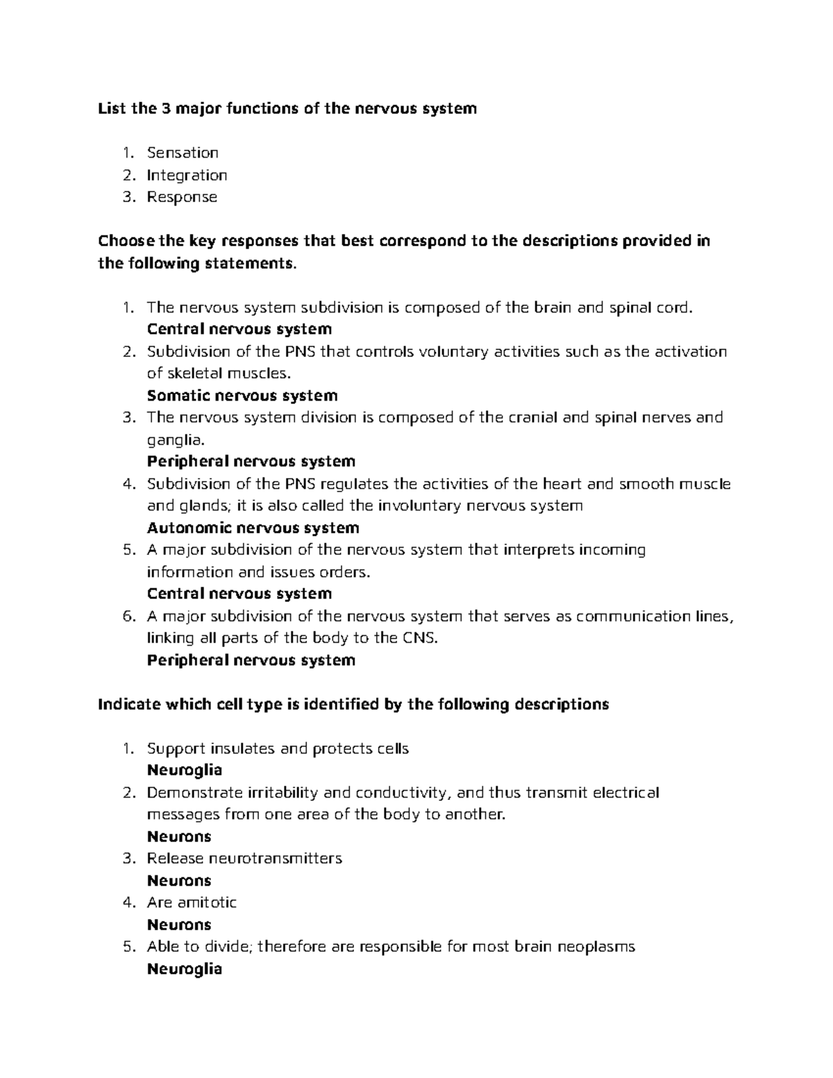 Anatomy of neuron test review - List the 3 major functions of the ...