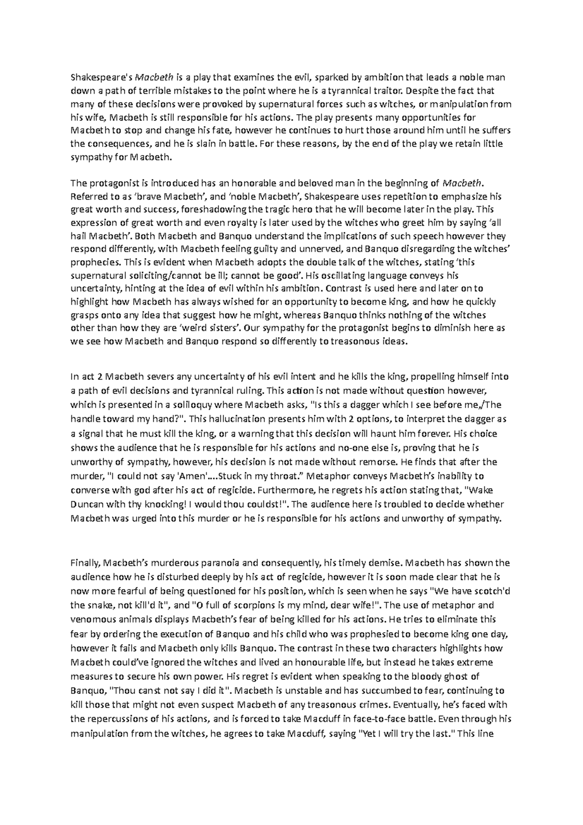 Macbeth Essay - Shakespeare's Macbeth is a play that examines the evil ...